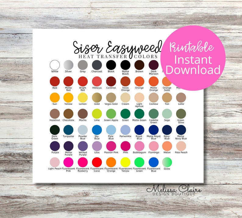 Vinyl Color Chart, Siser HTV Color Chart, Heat Transfer Color Chart, T ...