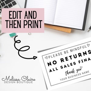 Editable No Returns Sign Template, Printable All Sales Final Sign ...