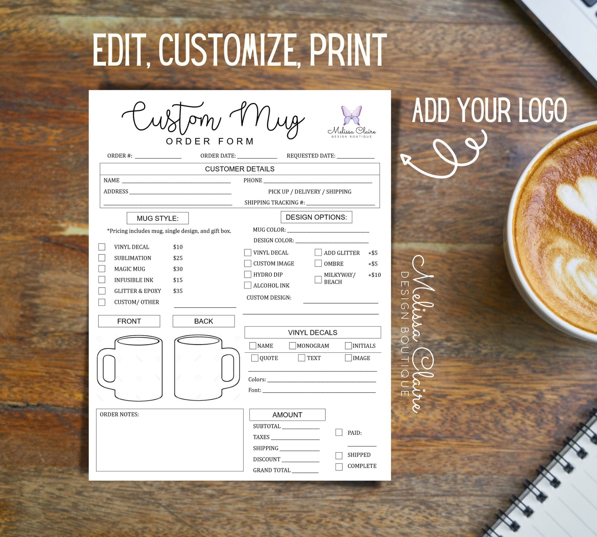 Editable Coffee Mug Order Form Template, Custom Coffee Mug Form, Order ...