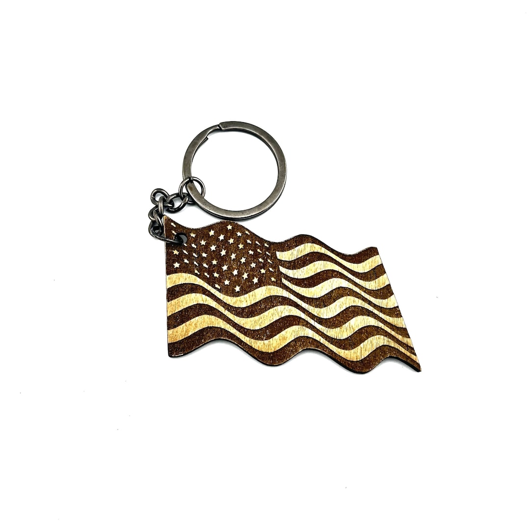 Wavy American Flag Keychain | Wood Key Chain | ID Key Chain | Wooden ...