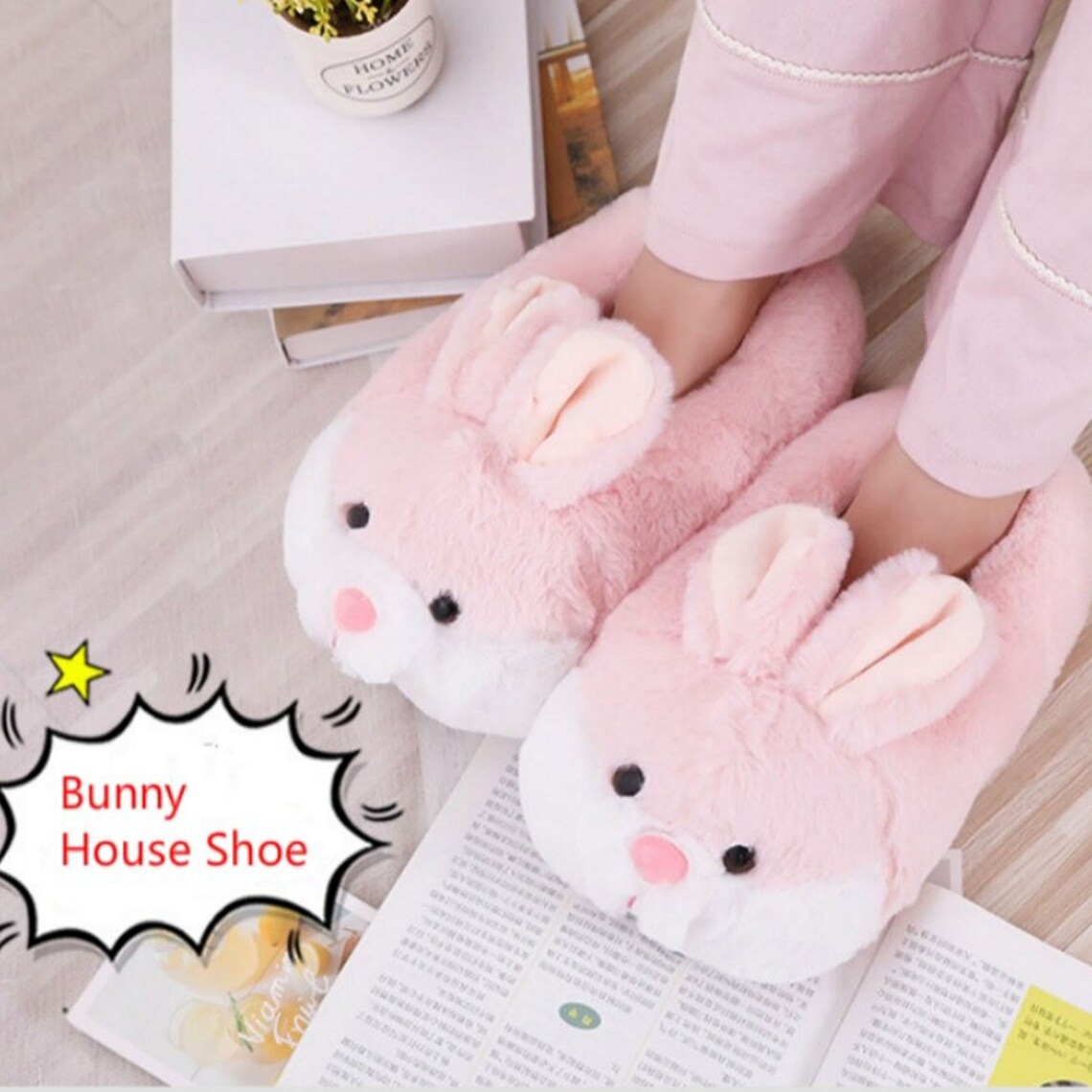 Pink Bunny Plush Slipper Fluffy Slippers Warm Slippers | Etsy