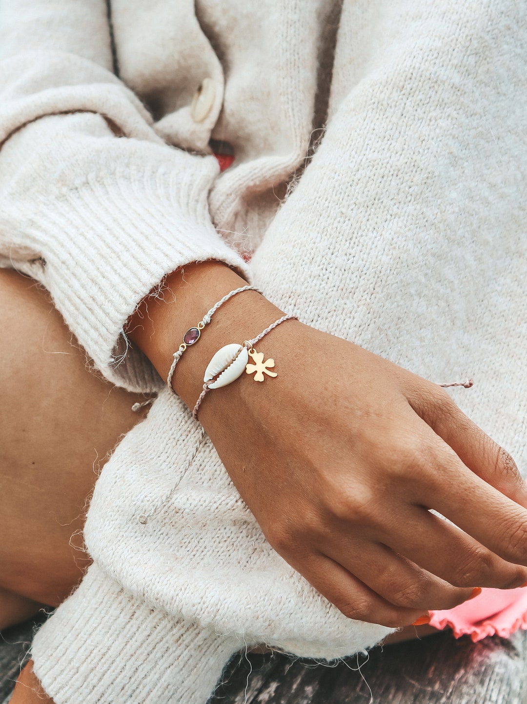 Saba Cowrie Shell Braided Bracelet: 18k Gold Plated Charm, Waterproof ...