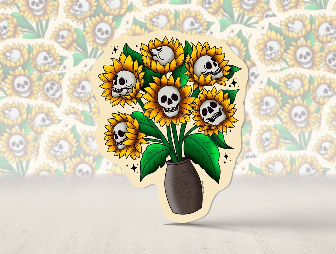 Skull Sunflower Sticker, Horror Skull Sunflowers Stickers, Skeleton ...