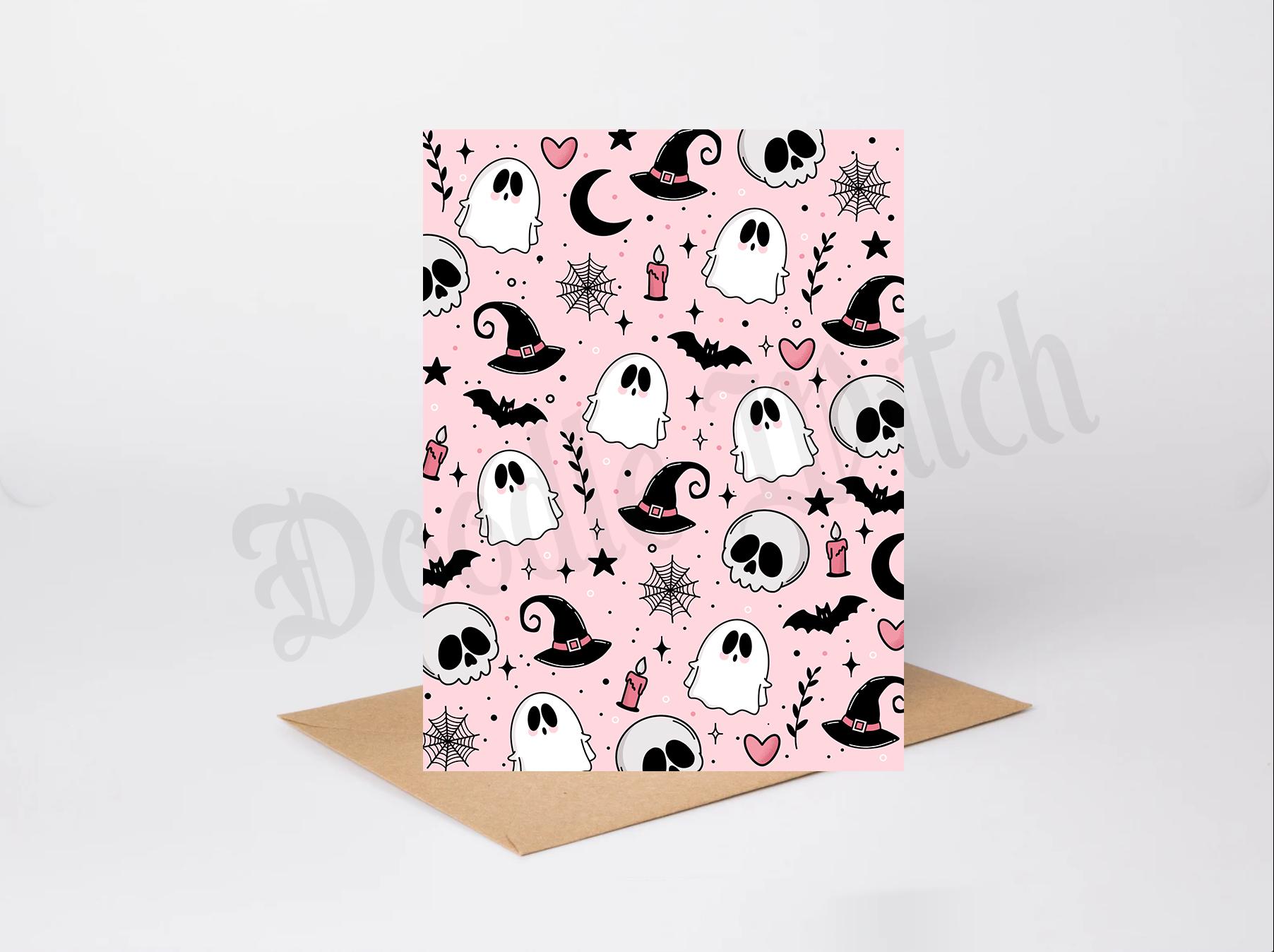 Pastel Pink Ghost Card, Skeleton Card, Cute Witch Greeting Card, Spooky ...