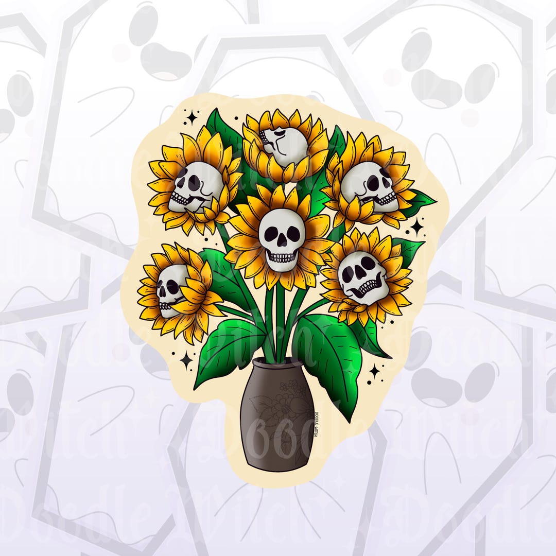 Skull Sunflower Sticker, Horror Skull Sunflowers Stickers, Skeleton ...