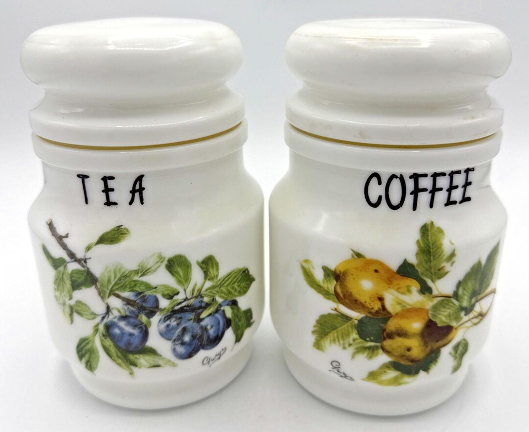 Vintage Giorgi Milk Glass Coffee & Tea Kitchen Canisters Blueberry and ...