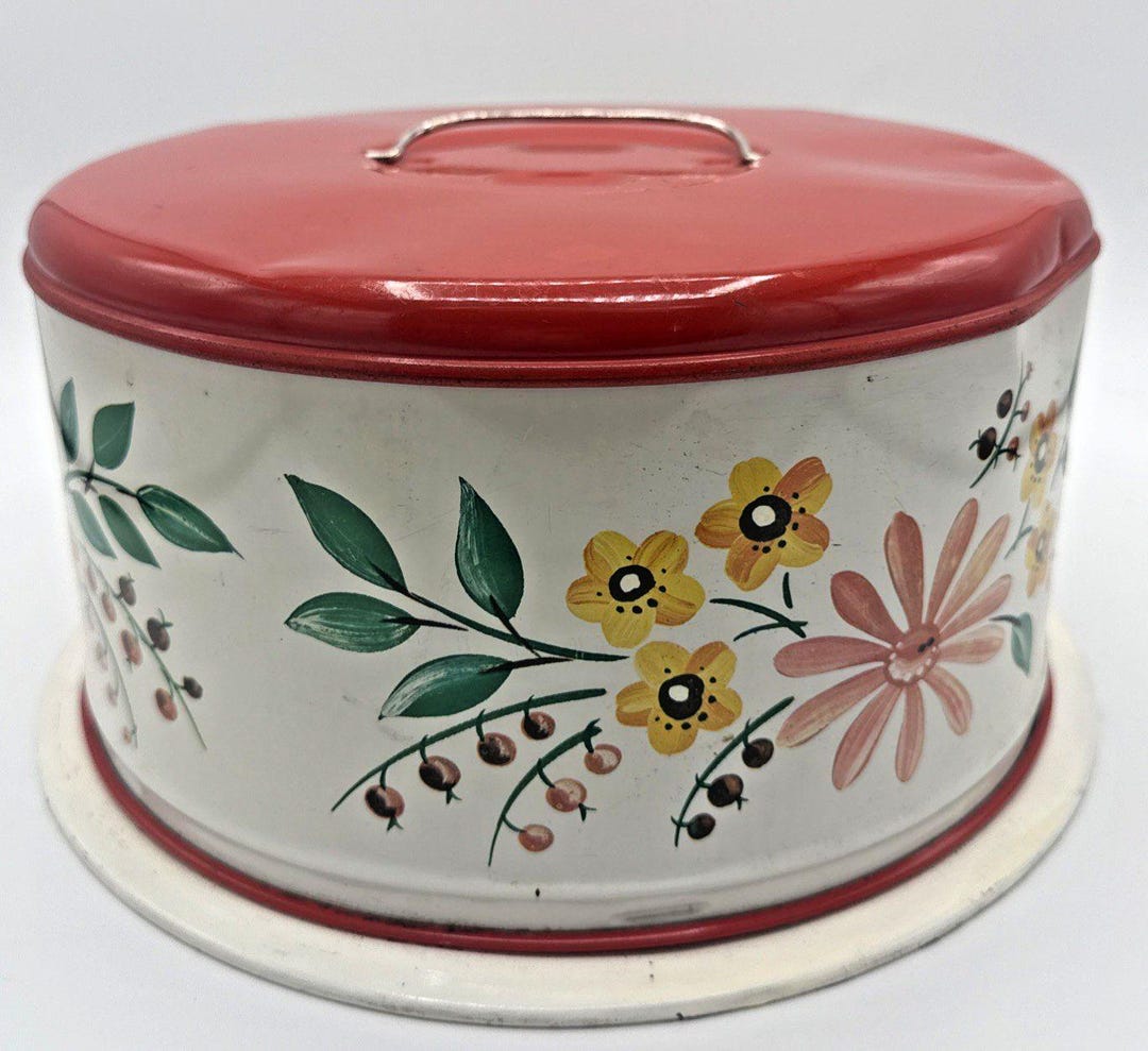 Vintage Metal Round Covered Cake Carrier 1950 Decoware Floral & Berries ...