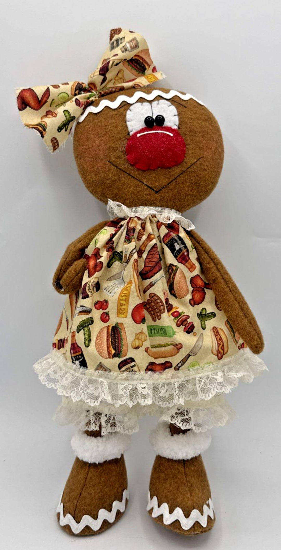 Vintage Handmade Felt Gingerbread Girl Doll BBQ Food Dress 14" Super ...