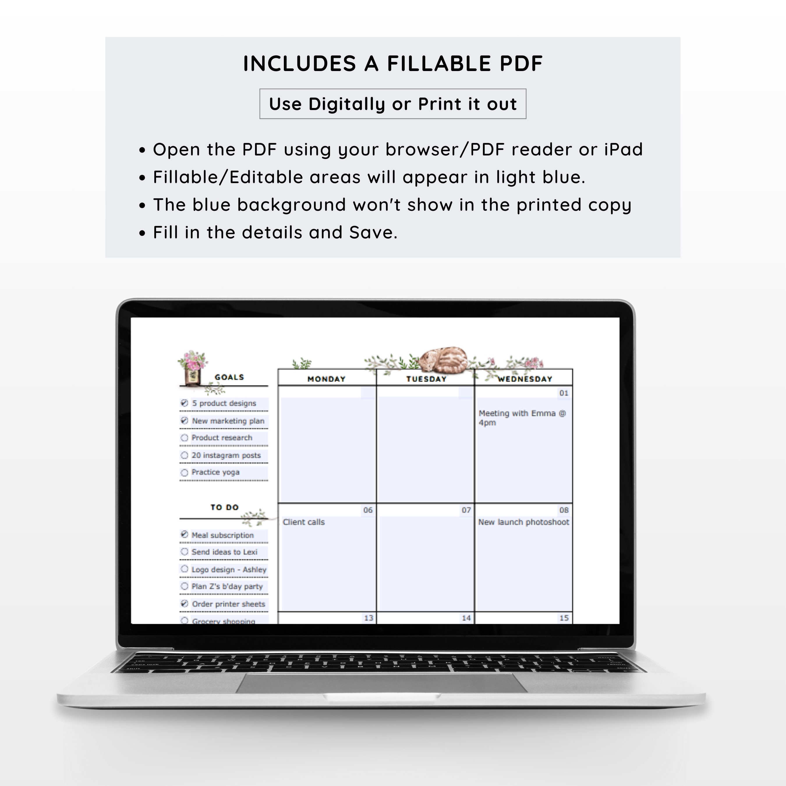 Cute Monthly Blank Calendar Undated Planner Printable Insert, College ...