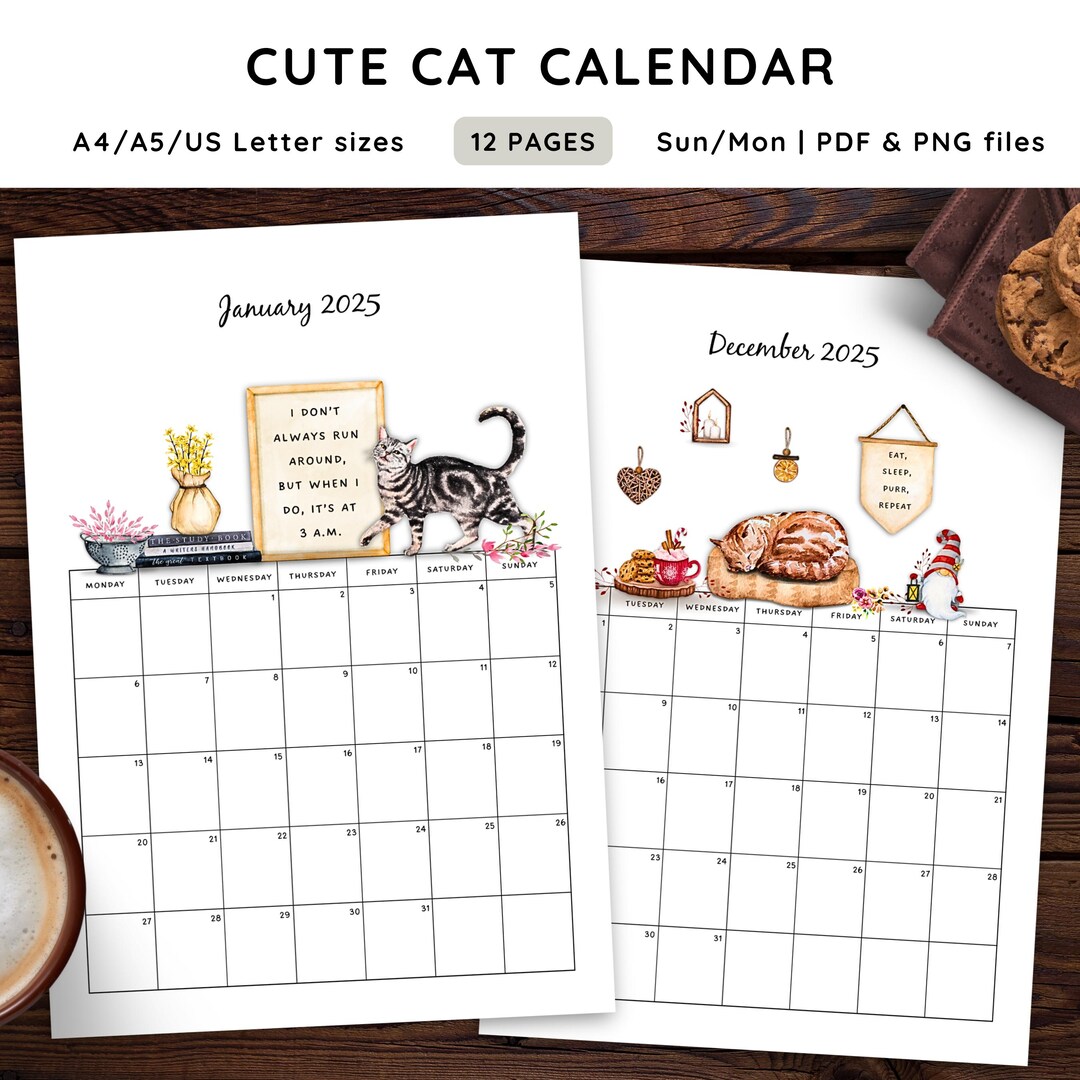 Cat Calendar 2025 Printable Planner Monthly Themed Covers Dashboard ...