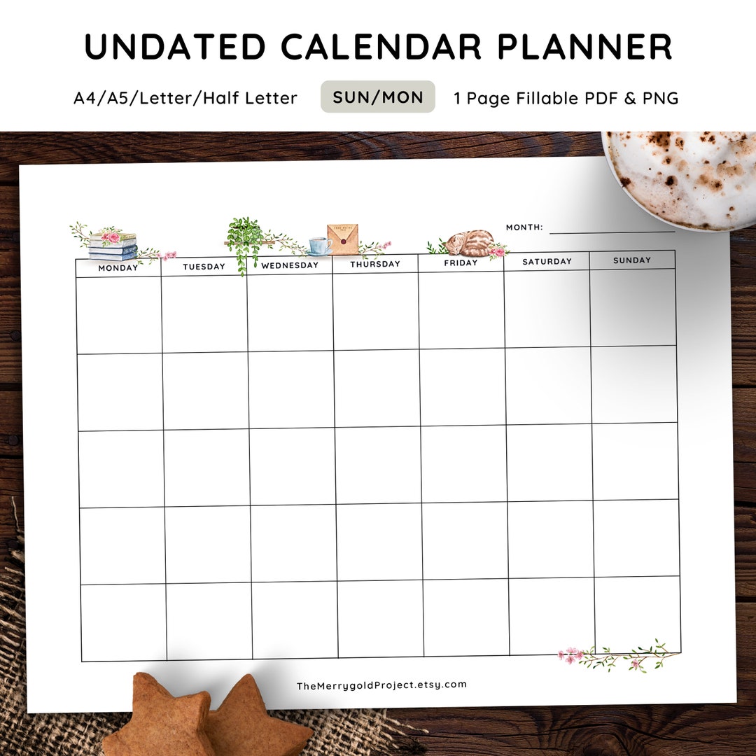Monthly Planner Overview Blank Calendar Undated Page Student Teacher ...
