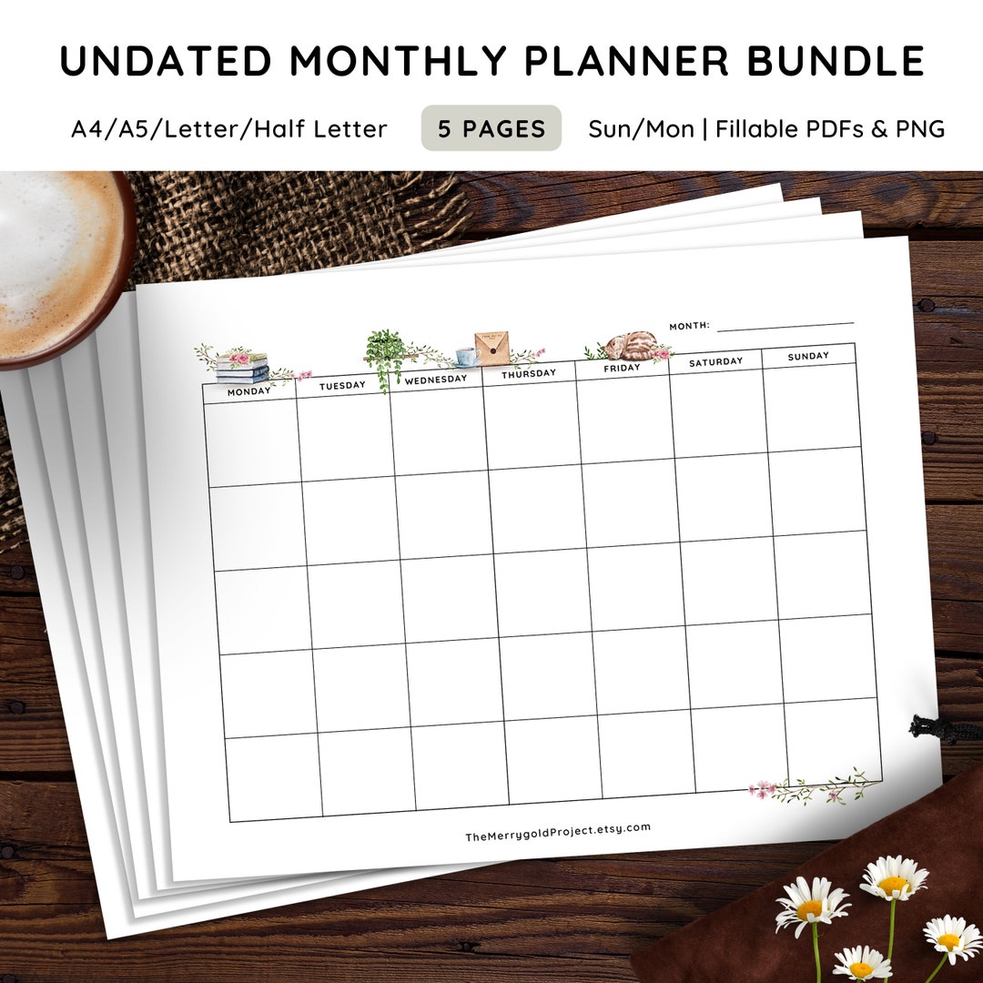 Undated Monthly Blank Calendar Planner Insert Printable Bundle, Mom to ...