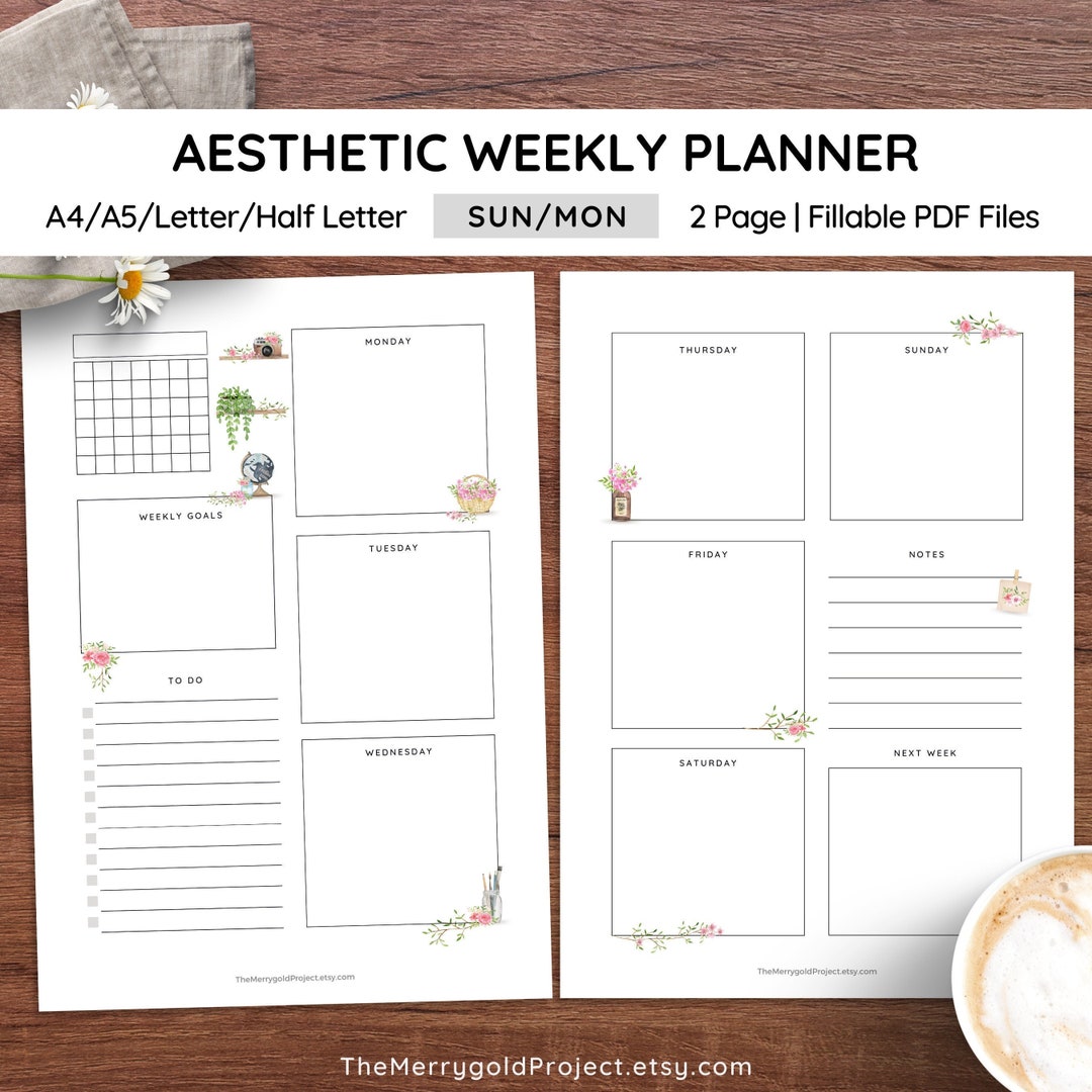 Aesthetic Weekly Planner Printable Week on 2 Pages to Do - Etsy