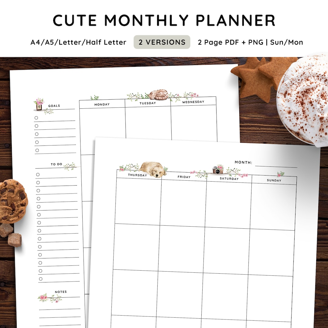 Cute Monthly Blank Calendar Undated Planner Printable Insert, College ...
