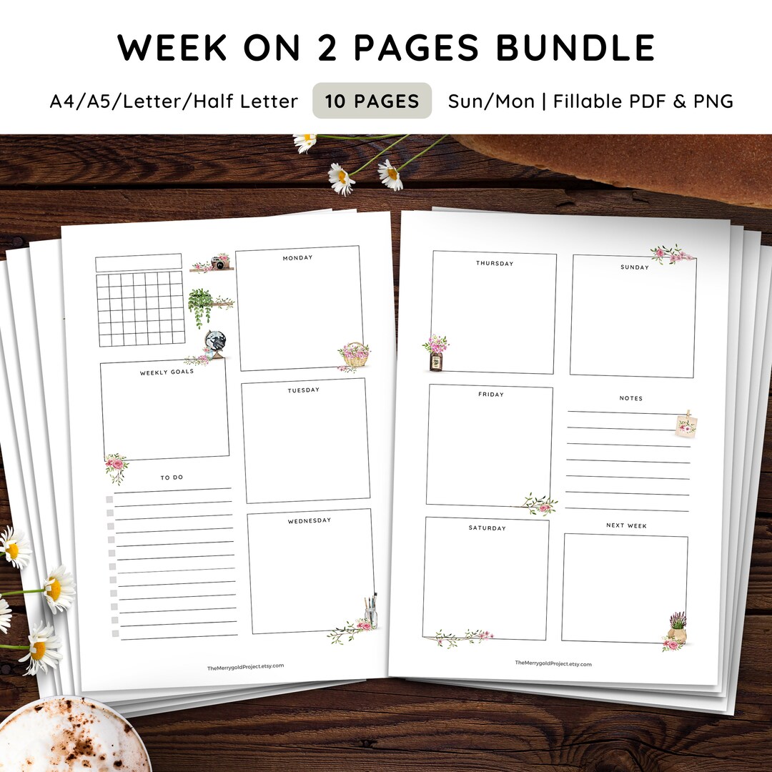 Week on Two Pages Weekly to Do Check List Planner Insert Printable ...