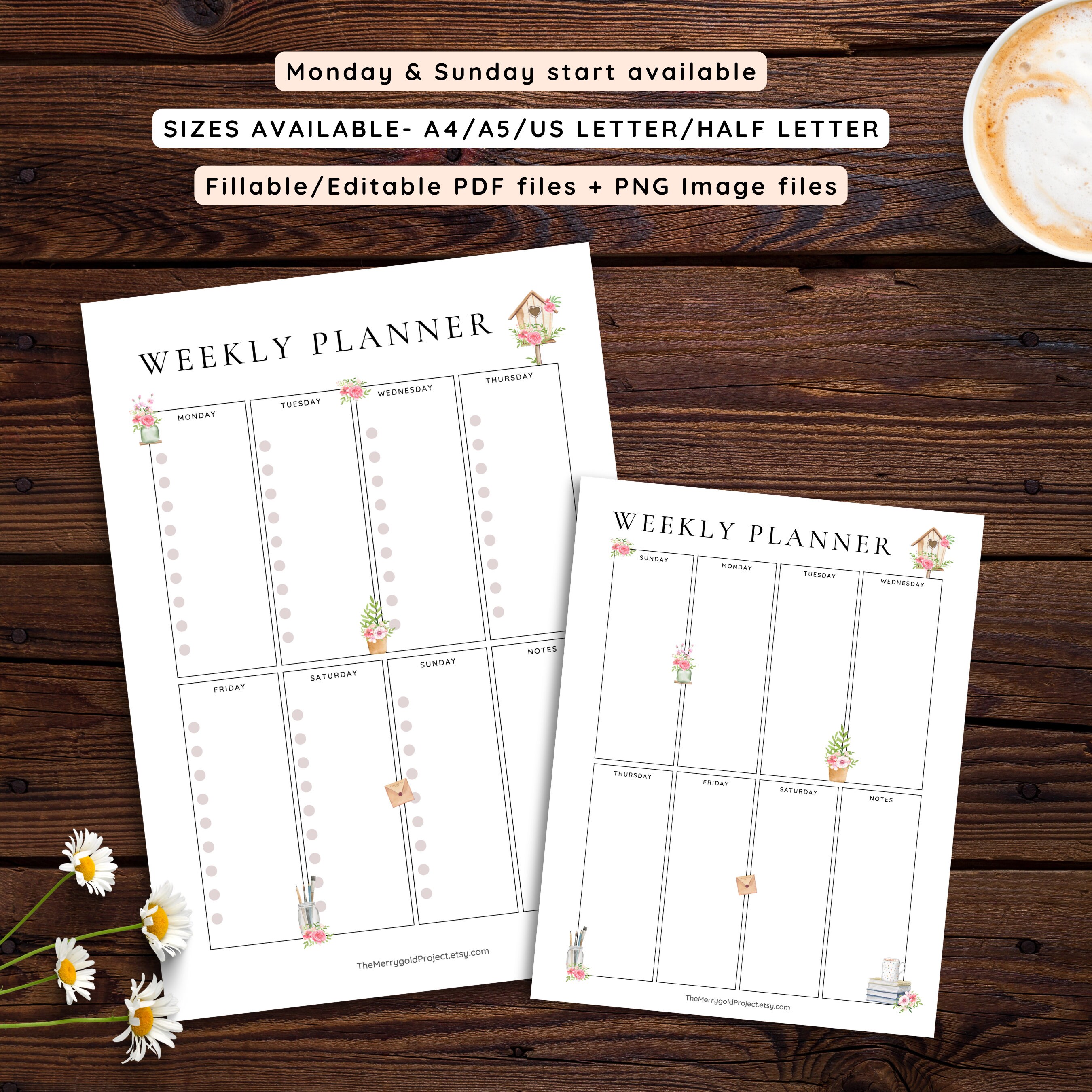 Illustrated Weekly Overview Planner Printable Insert, Minimalist ...