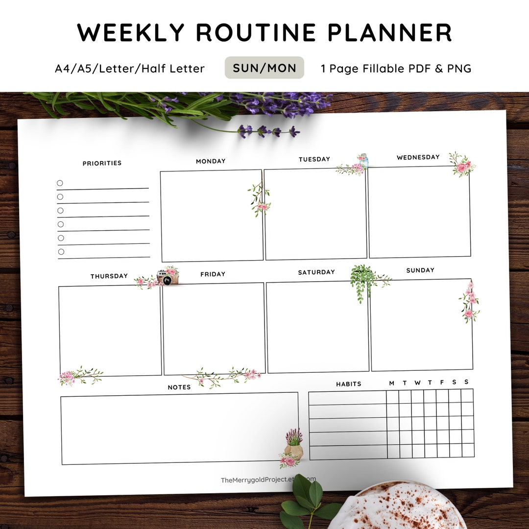 Horizontal Weekly Overview Planner Printable Insert Work From Home ...