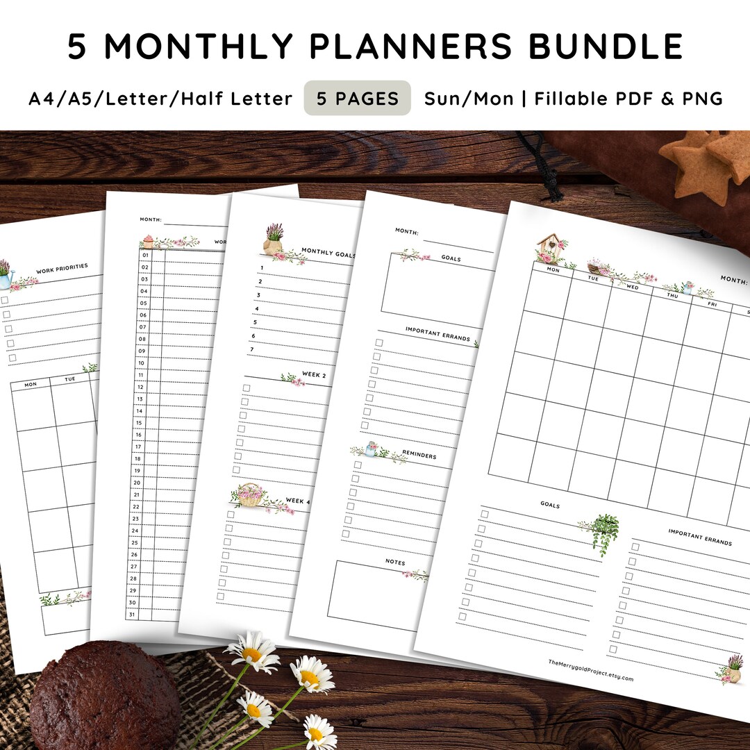 Undated Monthly Goal Planner Insert Printable Bundle, Work From Home ...