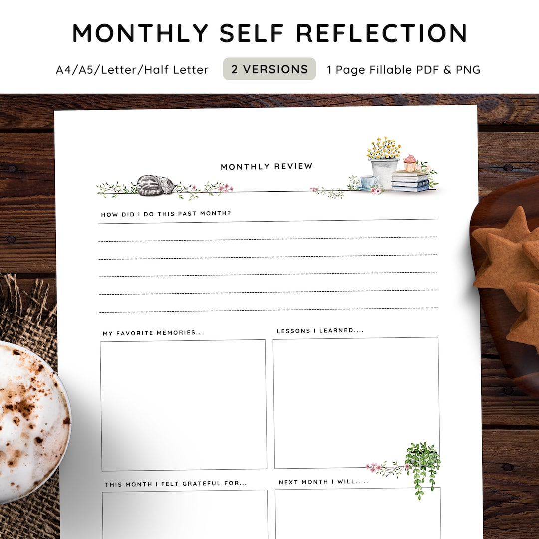 Monthly Self Reflection Printable Planner Page, Wellness Manifestation ...