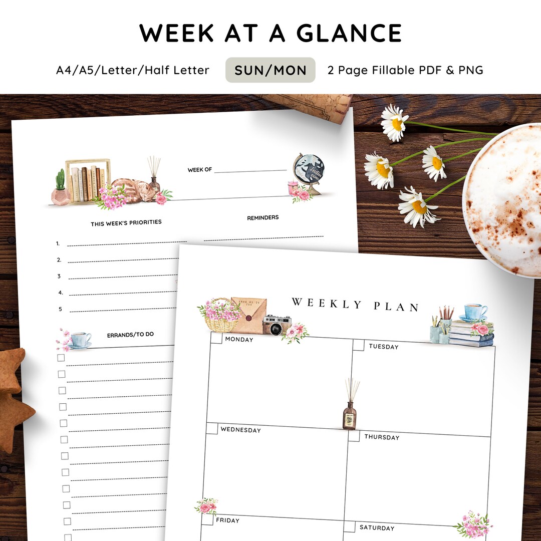 Weekly Daily to Do List Printable Planner Pages, Week at a Glance ...