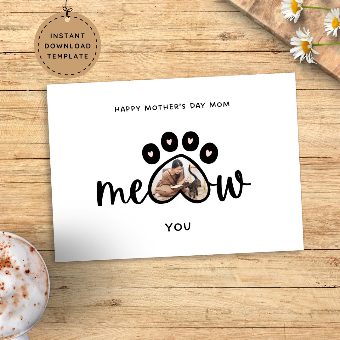 Cat Mom Mothers Day Photo Card Printable, Cute Pet Kitten Paw Print ...