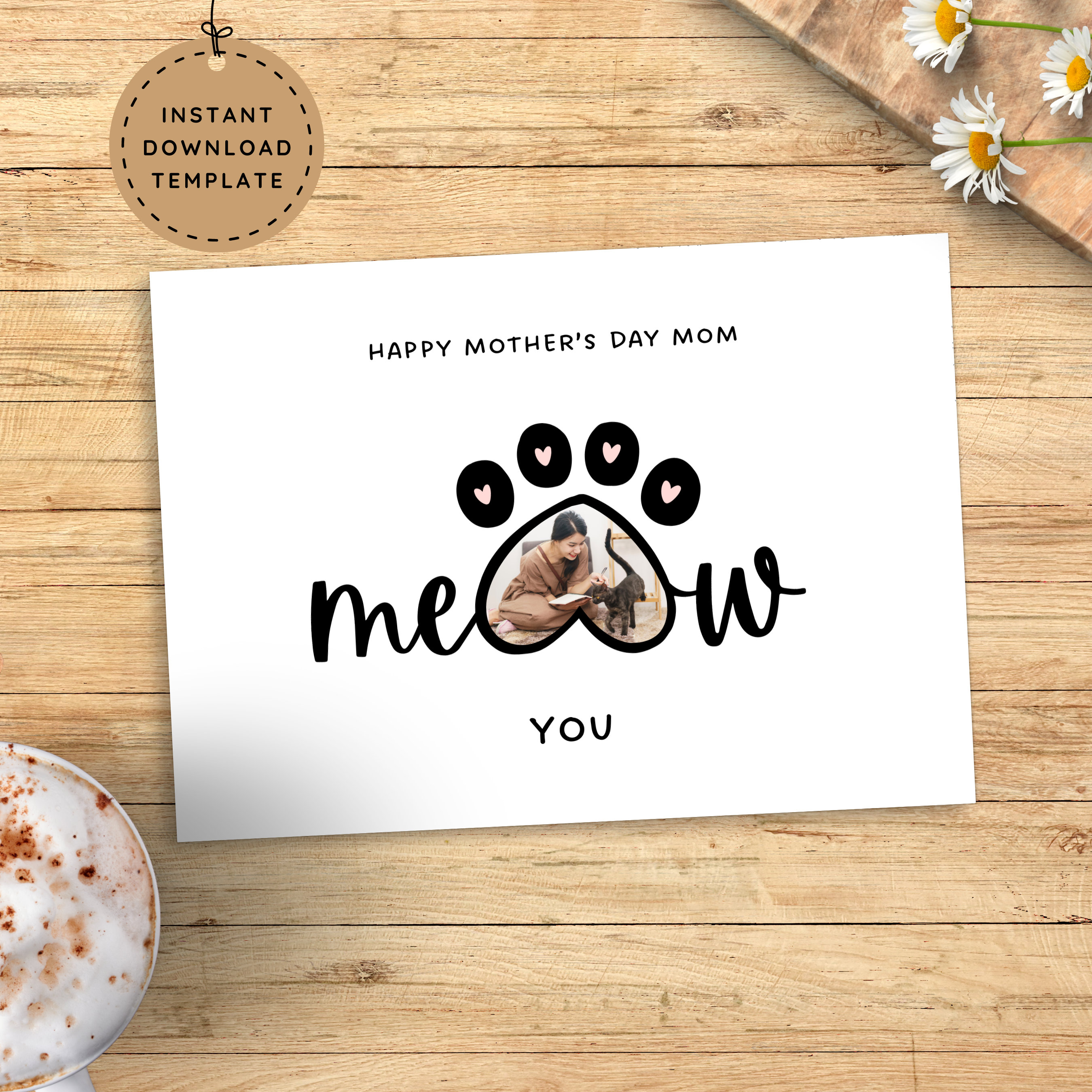 Cat Mom Mothers Day Photo Card Printable, Cute Pet Kitten Paw Print ...