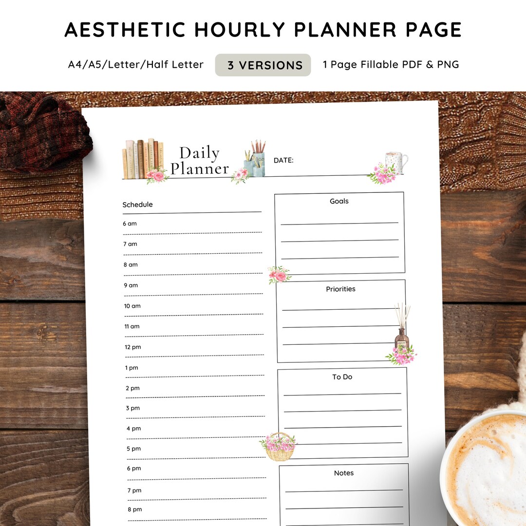 Floral Hourly Daily Planner Inserts Printable PDF Page, Goals Priority ...