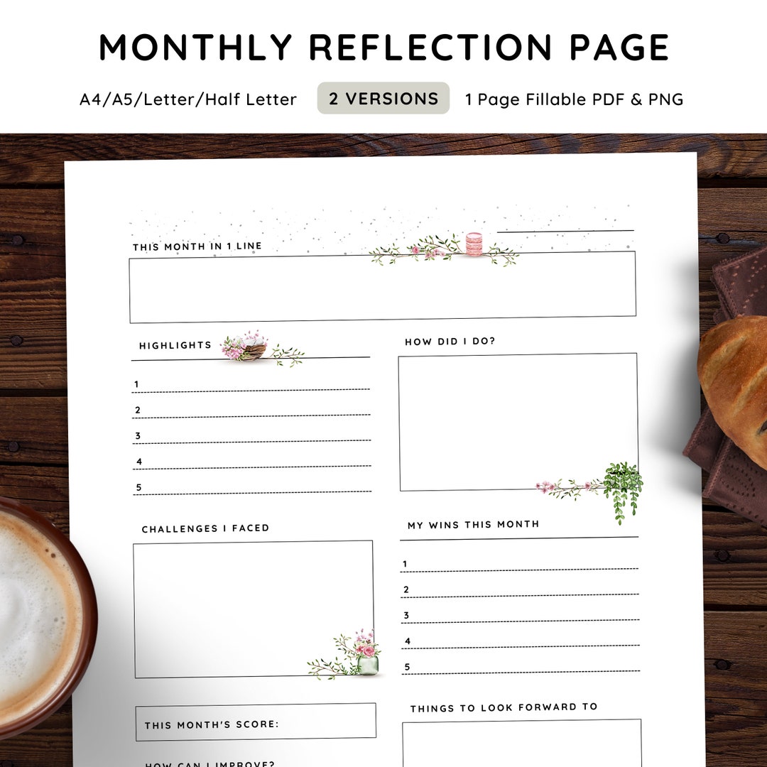 Monthly Review Self Reflection Page Printable Planner, Self Care Guided ...