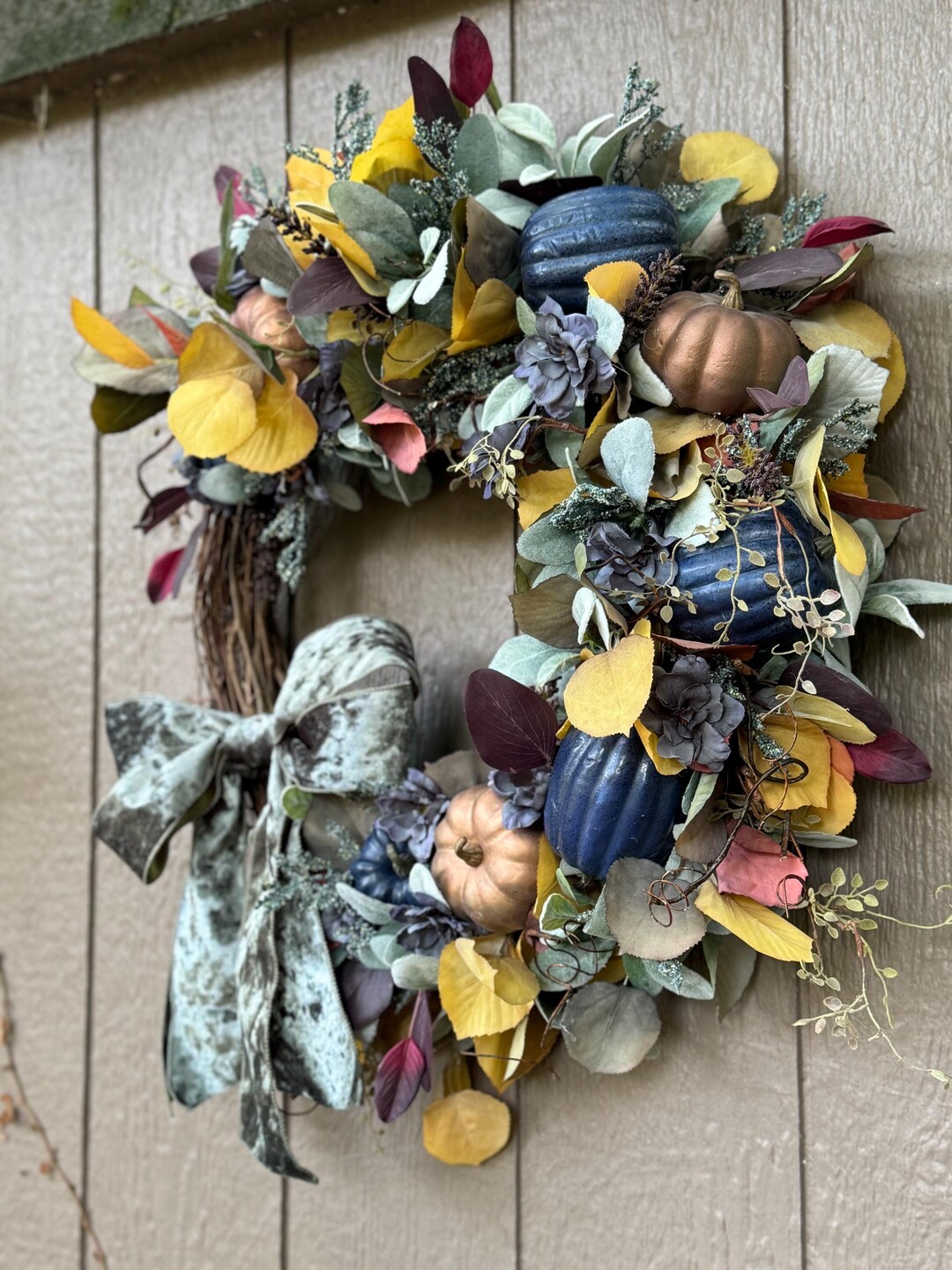 Blue Pumpkin Fall Wreath: Colorful Autumn Front Door Decor - Etsy