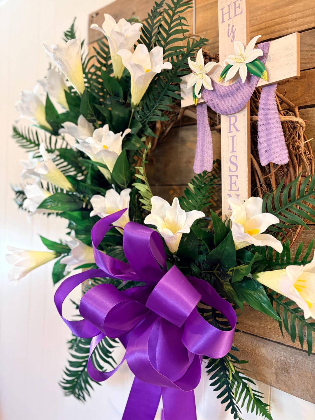 Easter Lilly Wreath, He is Risen Cross Wreath, Spring Wreath W Easter ...