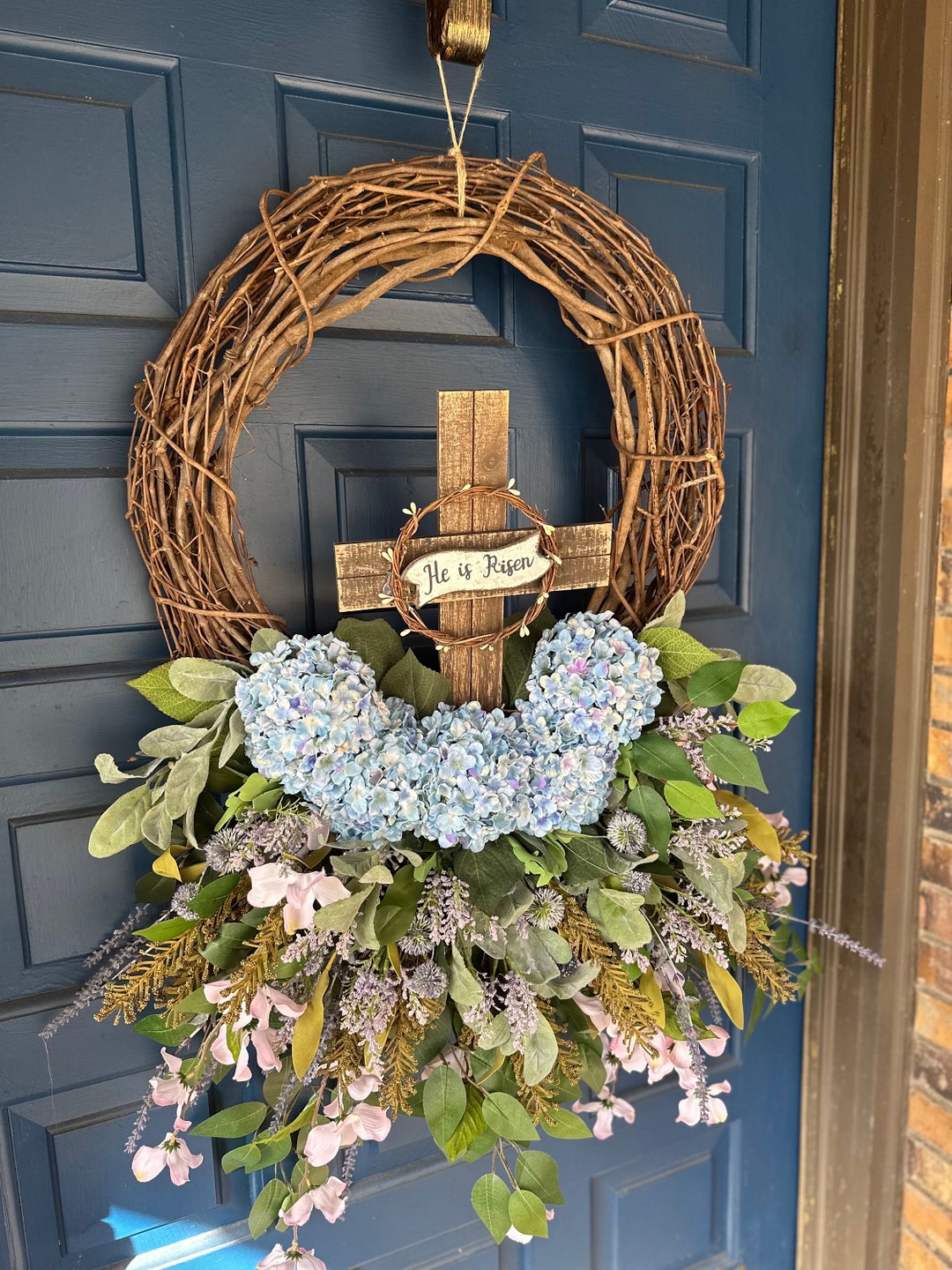 Christian Wreath for Front Door, He is Risen Wreath, Blue Hydrangea Easter Wreath, Wooden Cross ...