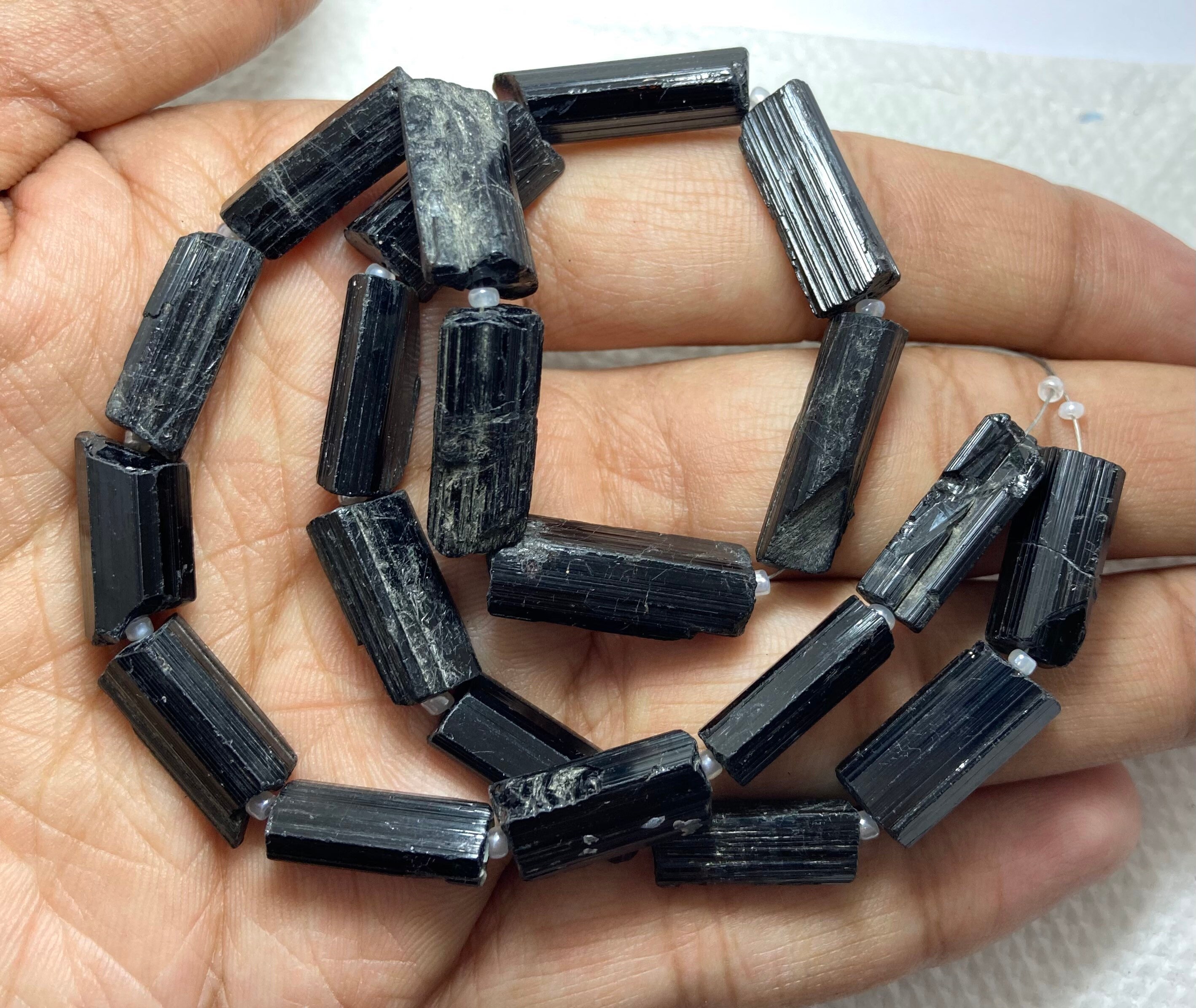 Black Tourmaline Raw Beads Tube Shape 16inches Strand Natural Black