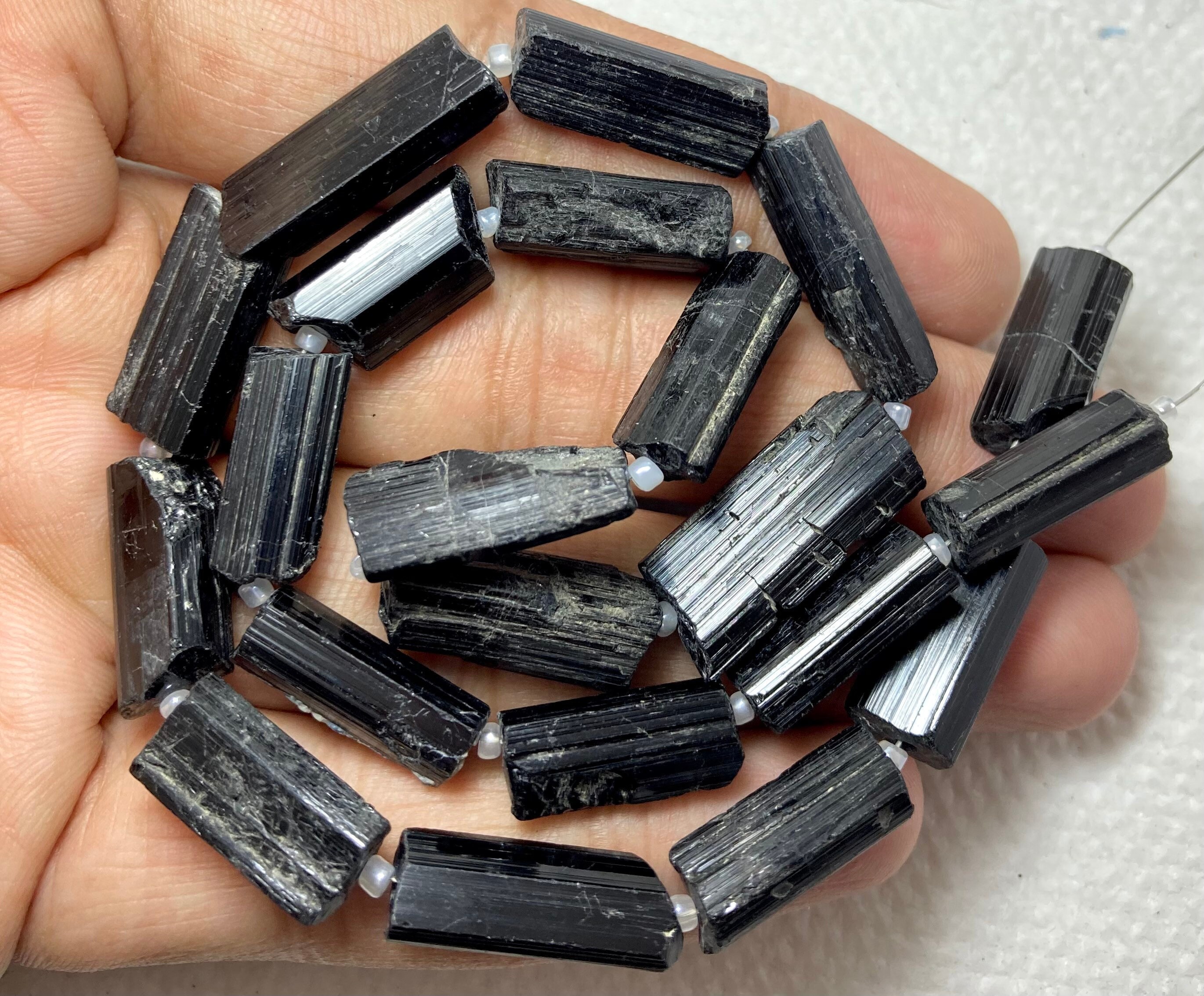 Black Tourmaline Raw Beads Tube Shape 16inches Strand Natural Black