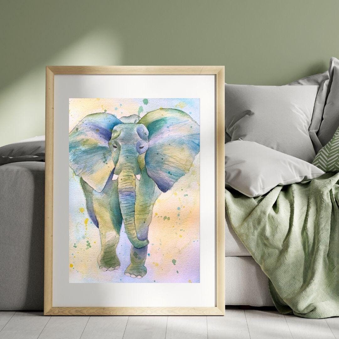 Blue Watercolor Elephant, Fine Art Print, Colorful Home Decor, Bright ...