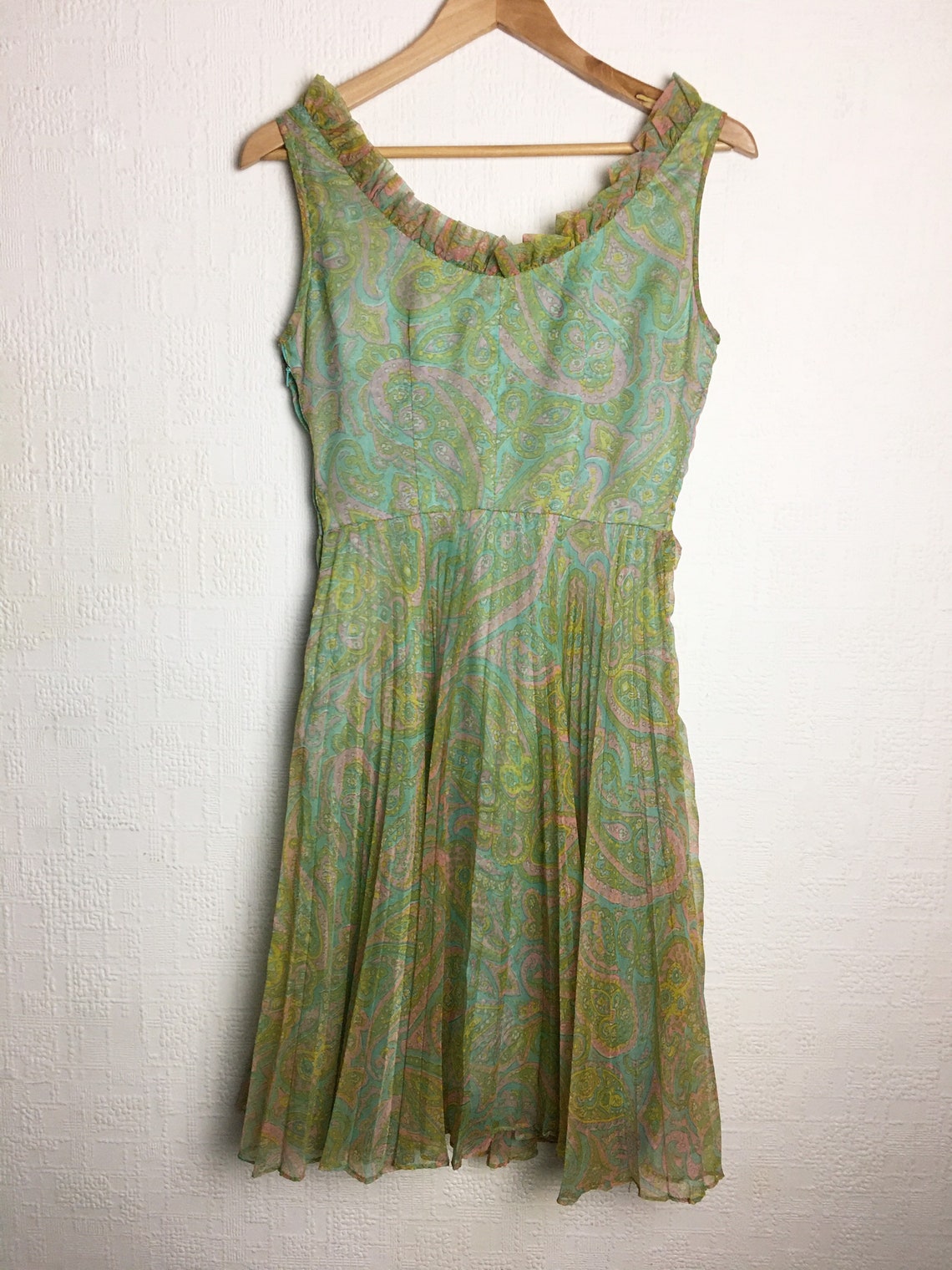 Vintage 60s 70s Paisley Floral Retro Chiffon Boho Dress in Green Blue ...
