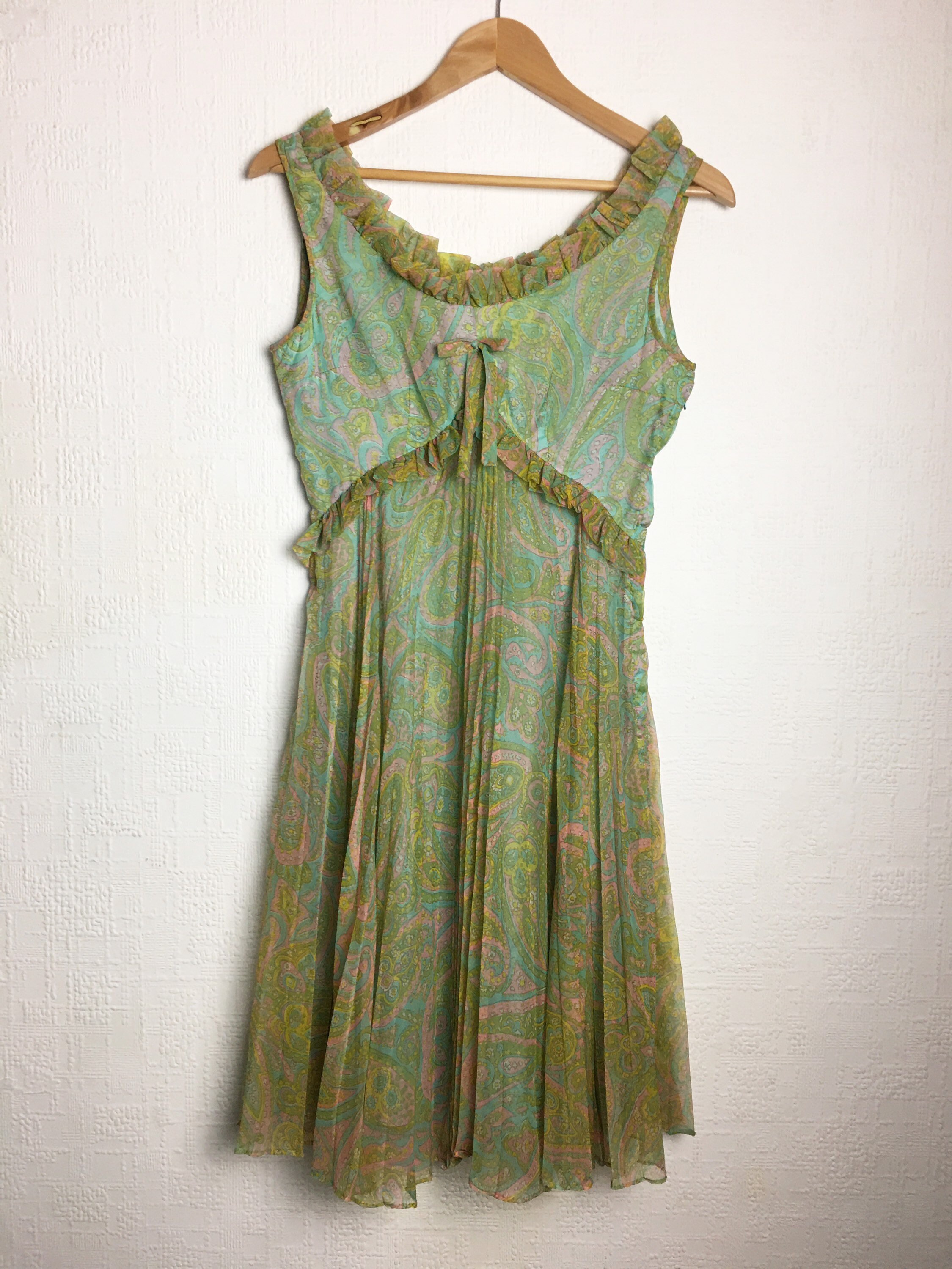 Vintage 60s 70s Paisley Floral Retro Chiffon Boho Dress in Green Blue ...