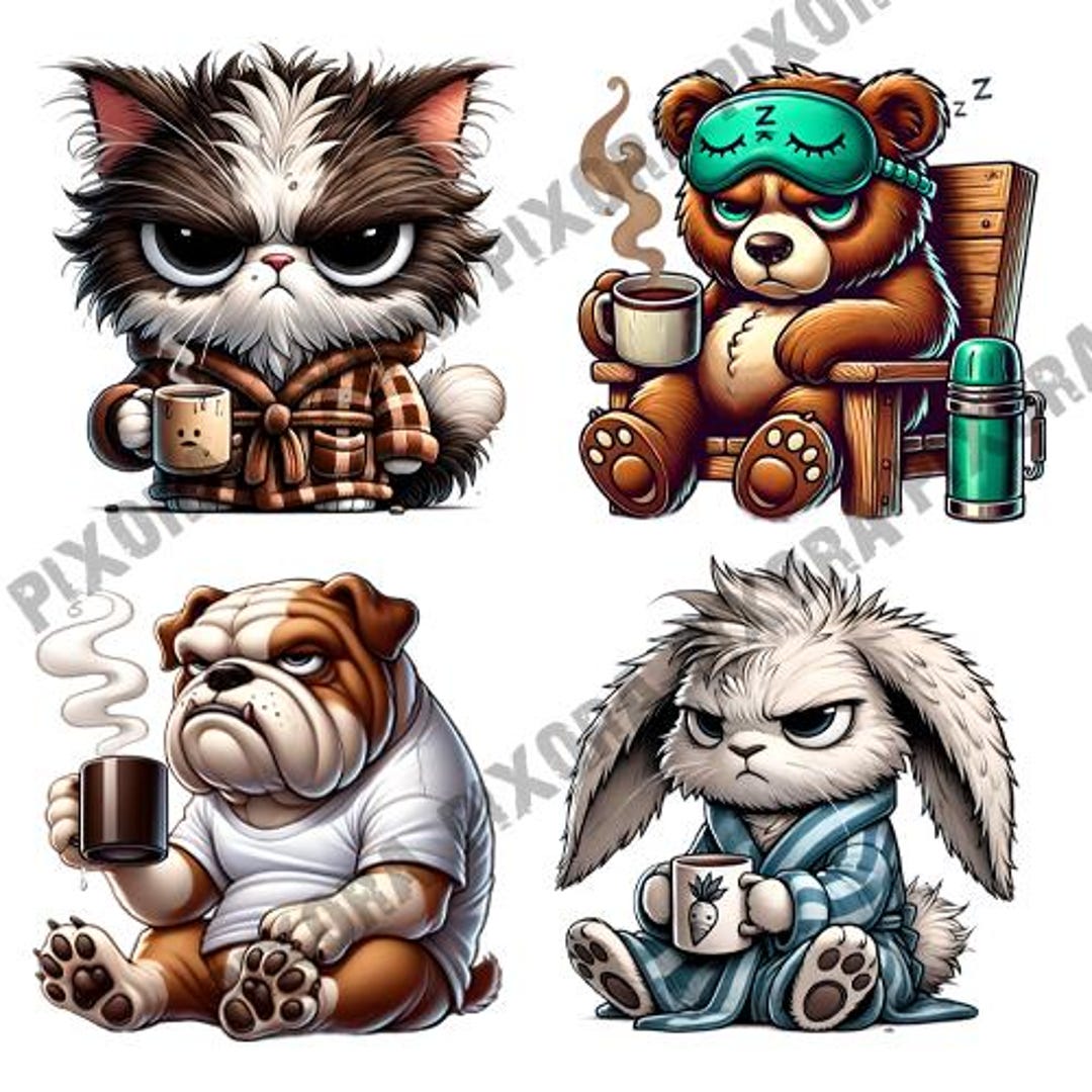 33png-angry Animals Waking up With a Cup of Coffee. Kawaii Animalbundle ...