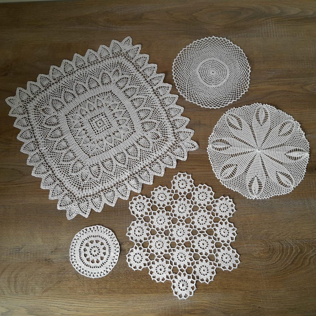 5 Pieces Vintage Lace Doily Collection, White Crochet Doilys, Vintage ...