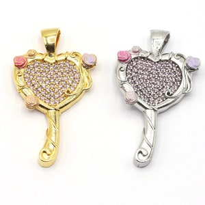 Gold Silver Plated Heart Mirror Cz Pendant Charm 47x26mm Colored Heart ...