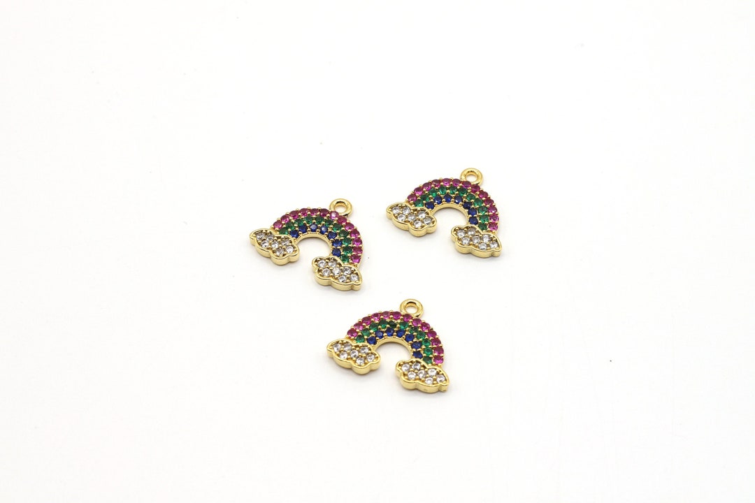 24k Gold Rainbow Charm, 14x17mm Gold Rainbow Pendant, CZ Micro Pave ...