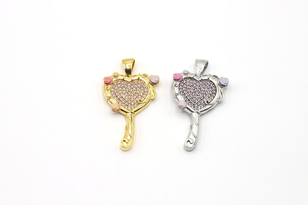 Gold Silver Plated Heart Mirror Cz Pendant Charm 47x26mm Colored Heart ...