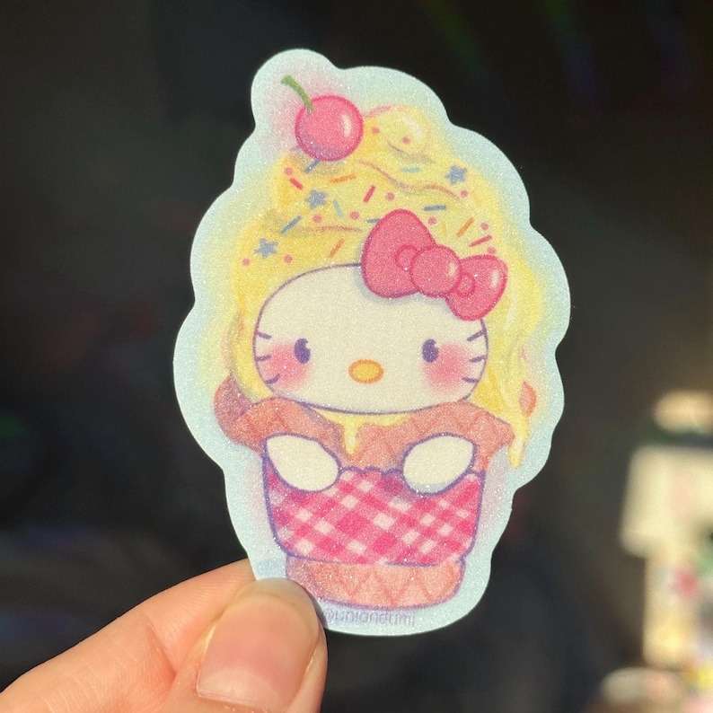 Kitty Ice Cream Sticker: Glitter Vinyl Waterproof Sticker - Etsy