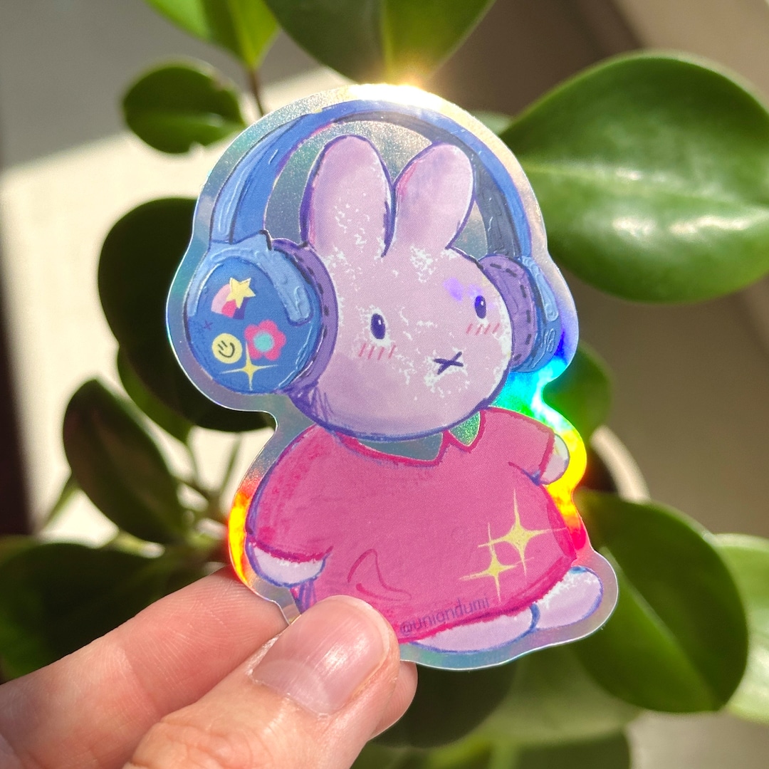 Bunny Headphones Holographic Sticker: Cute Waterproof Cybercore Kawaii ...