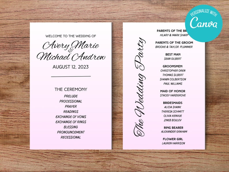 Wedding Program - Pink - Ombre - Minimalist Wedding Program - Instant ...