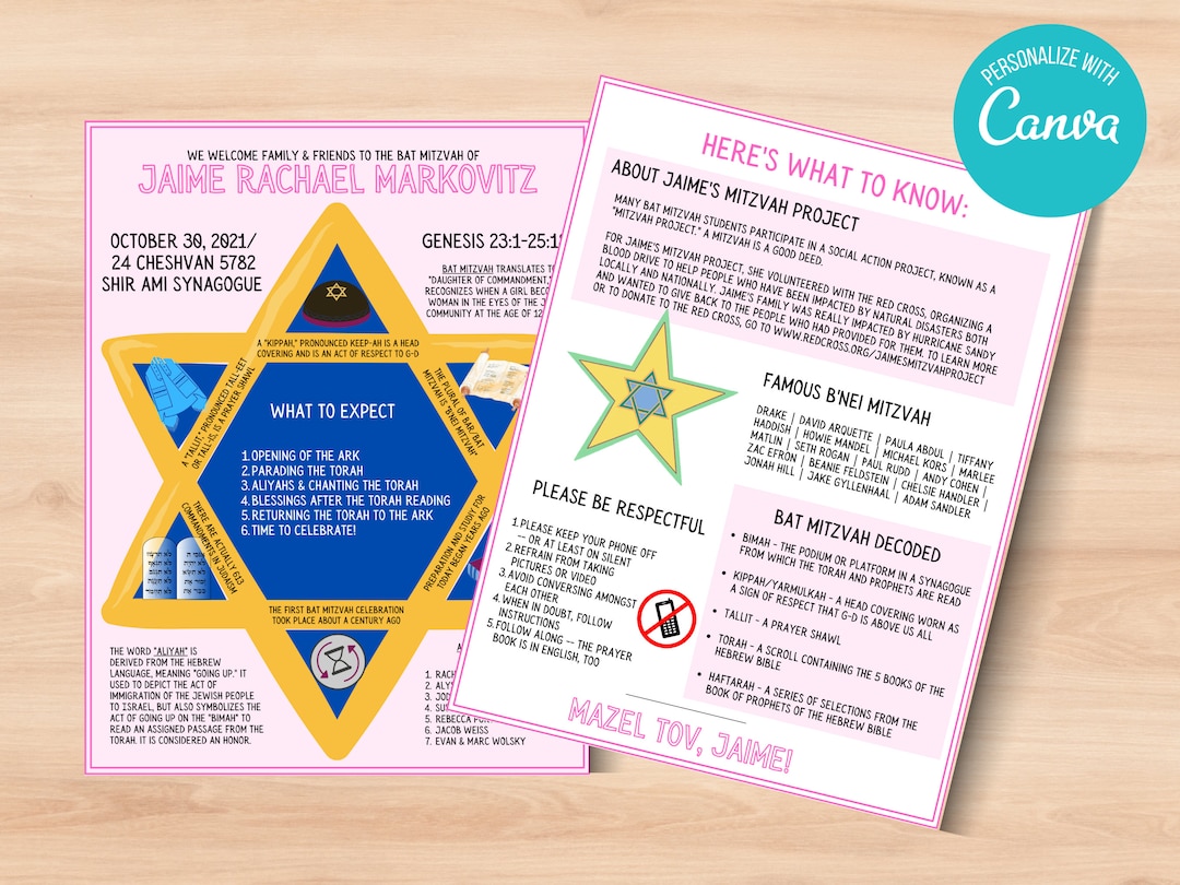 Printable Bat Mitzvah Program Template: Jewish Star (instant Download ...
