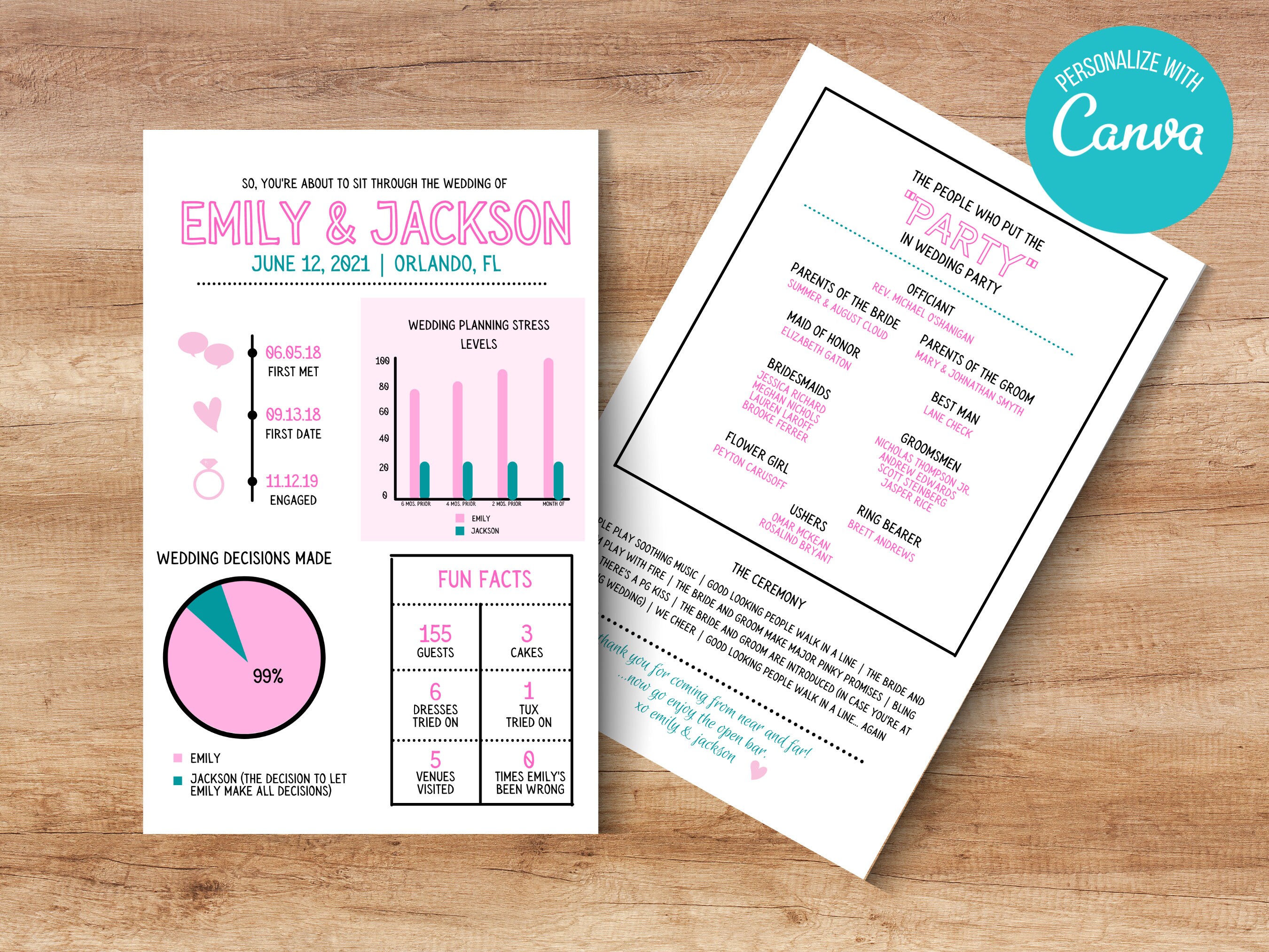 Funny Printable Wedding Programs - Pink and Teal Wedding Program ...
