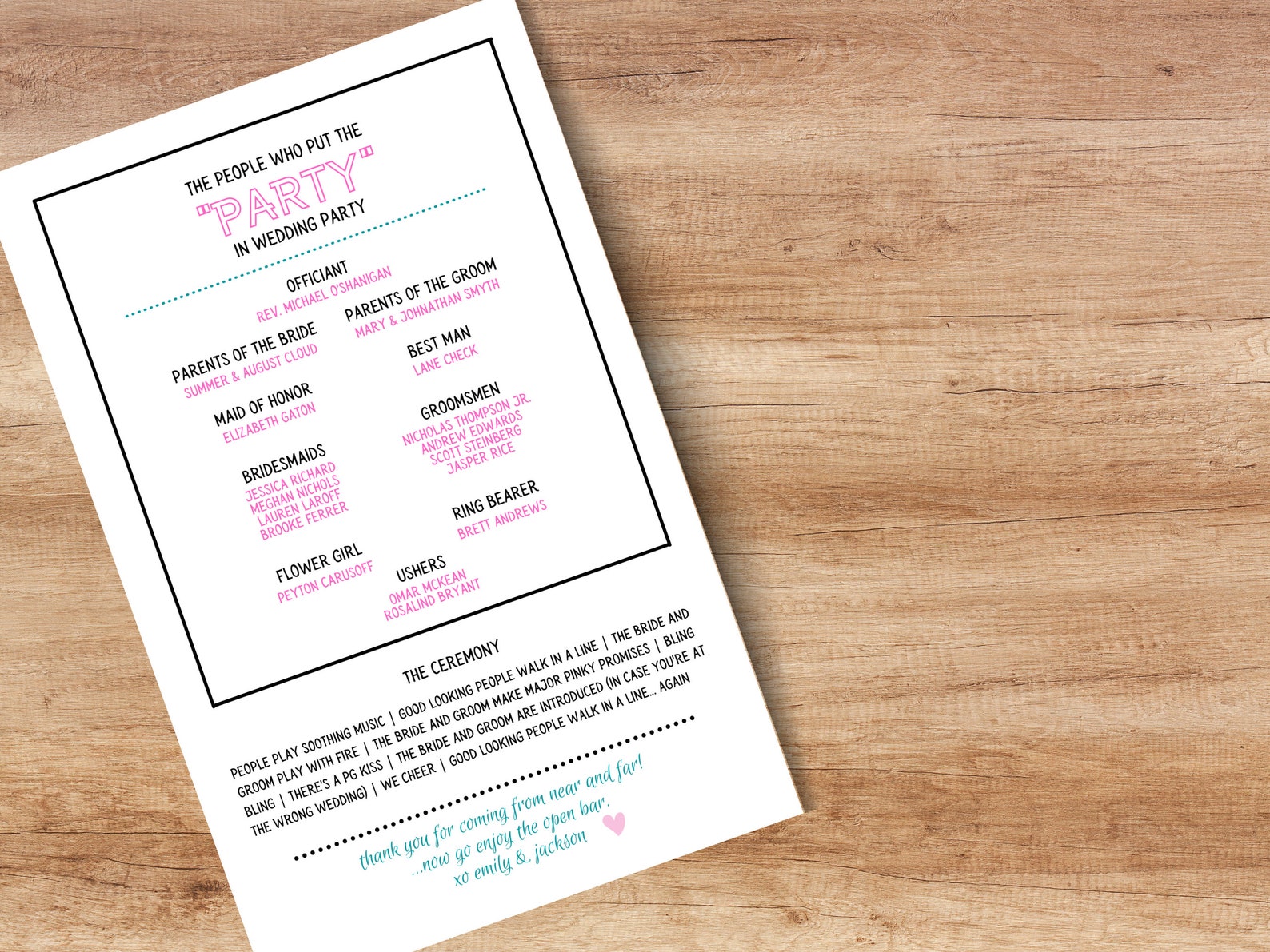 Funny Printable Wedding Programs - Pink and Teal Wedding Program ...