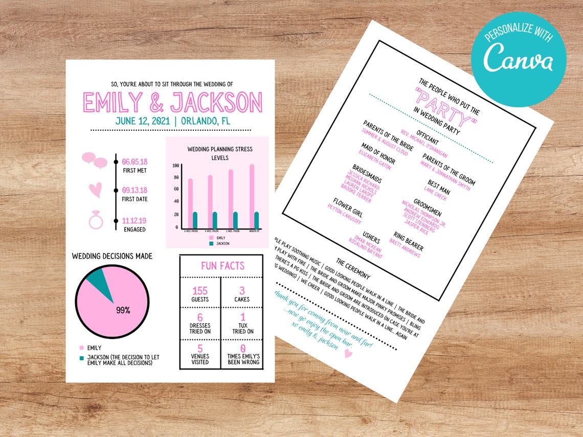 Funny Printable Wedding Programs Pink and Teal Wedding - Etsy