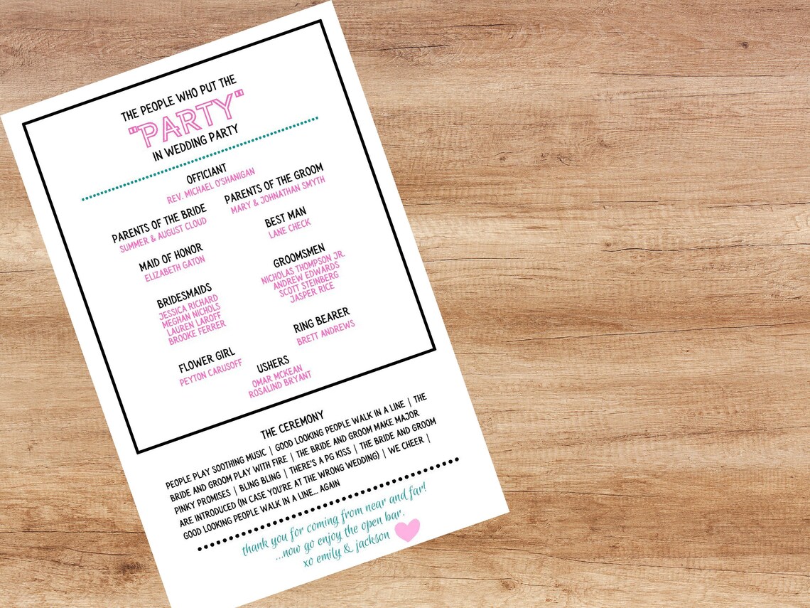 Funny Printable Wedding Programs Pink and Teal Wedding | Etsy