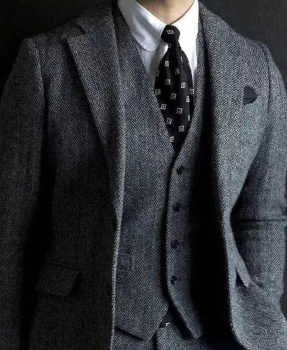 Men's Herringbone 3 Piece Suit Grey Wool Notch Lapel Gentleman's Suit ...